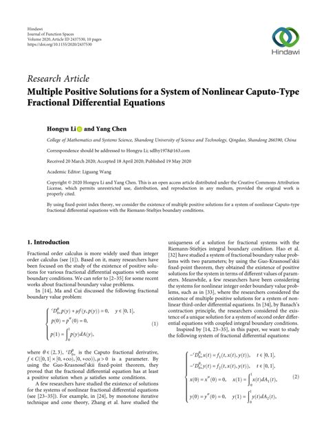 Pdf Multiple Positive Solutions For A System Of Nonlinear Caputo Type Fractional Differential