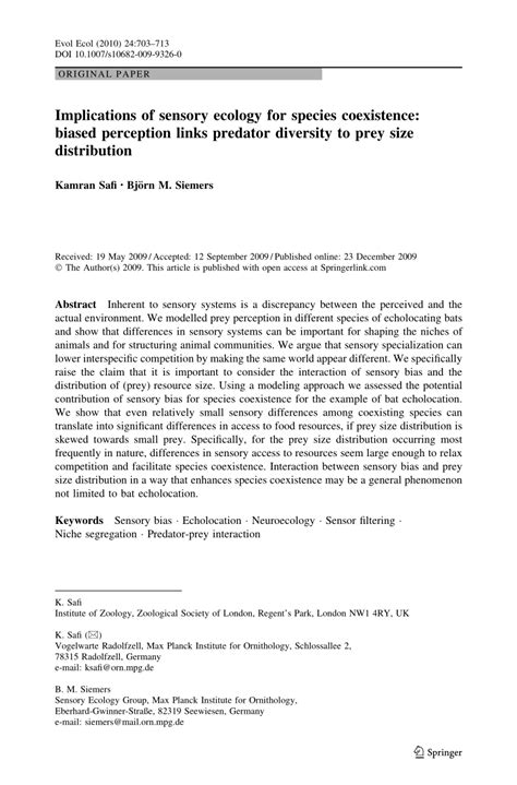 Pdf Implications Of Sensory Ecology For Species Coexistence Biased Perception Links Predator