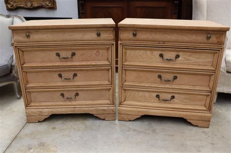 Lot Pair Of Vintage American Drexel Oak Four Drawer Bedside Cabinets