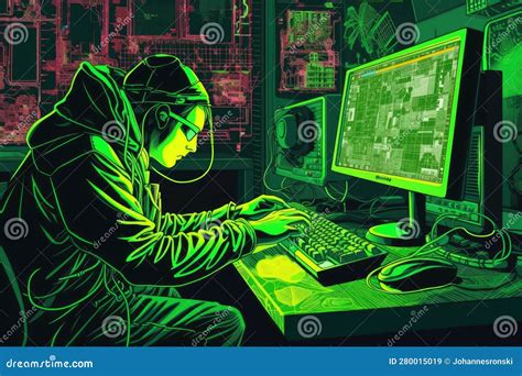 Hacker In Cyberworld Suspenseful Digital Illustration Of A Cyberpunk