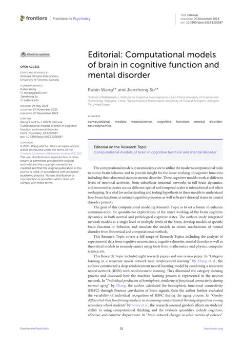 Pdf Editorial Computational Models Of Brain In Cognitive Function