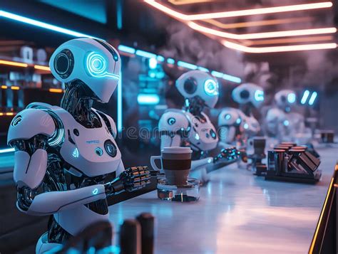 advanced robots preparing coffee in high tech cafe environment stock