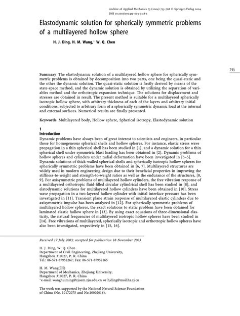 Pdf Elastodynamic Solution For Spherically Symmetric Problems Of A Multilayered Hollow Sphere