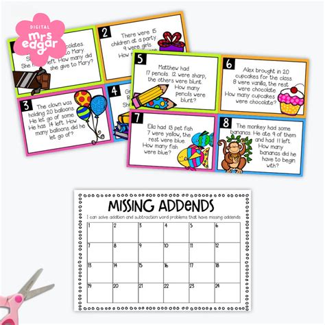 Missing Addend Word Problems Task Cards Mrs Edgar