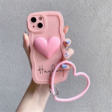 Personalized Case Customized Name Case Heart Wristband Crossbody Lanyard Silicone Case For