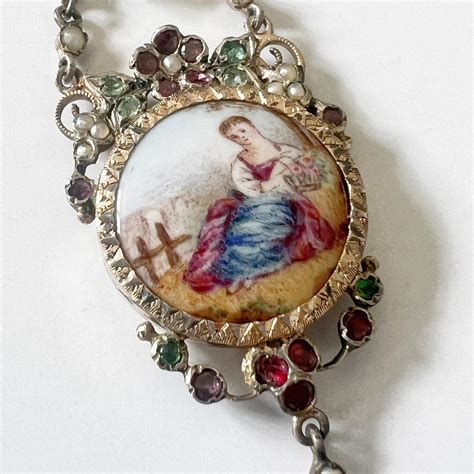 Victorian Era Enamel Miniature Portrait Pendant With Emeralds And