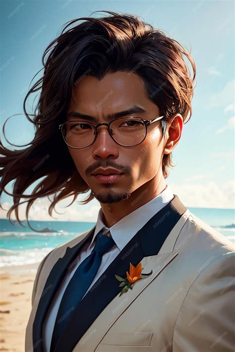 Premium Photo A Man In A Suit And Glasses Stands On A Beach