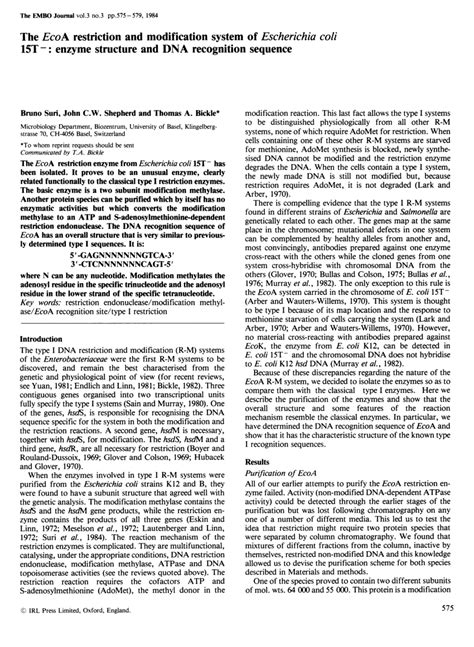 Pdf The Ecoa Restriction And Modification System Of Escherichia Coli 15t Enzyme Structure
