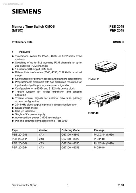Peb2045 Datasheet Peb2045 Siemenssemiconductor Pdf Memory Time Switch Cmos Siemens Semiconductor