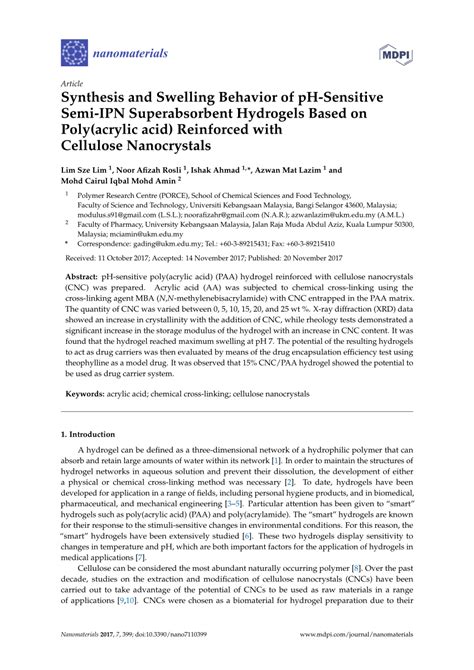 Pdf Synthesis And Swelling Behavior Of Ph Sensitive Semi Ipn
