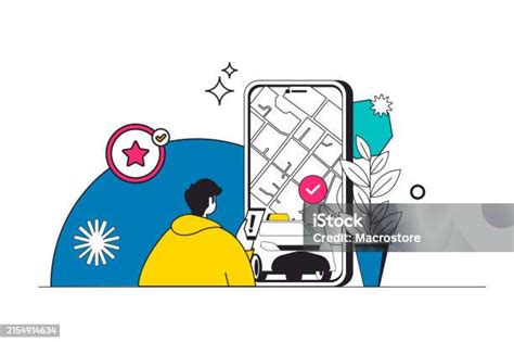 택시 예약 개요 웹 개념 현대 평면 라인 디자인 온라인 지도 경로로 자동차 운송을 주문하기 위해 모바일 앱을 사용하는 남성 신청시 자동차 환승 서비스 벡터 일러스트 레이 션