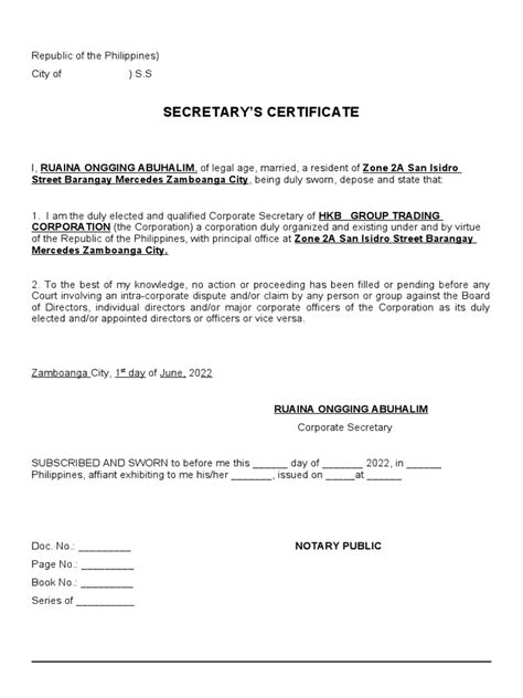 Secretary Certificate Pdf