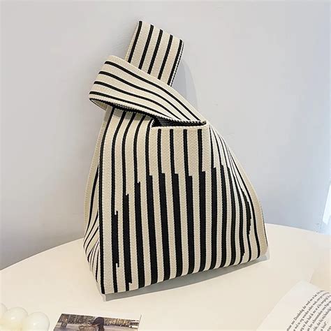 일본 얇은 스트라이프 격자 무늬 토트백 여성 캐주얼 컬러 핸드메이드 니트 핸드백 학생 재사용 가능한 쇼핑백 열쇠 지갑 핸들 가방 Aliexpress