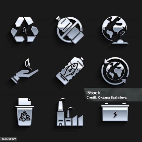 설정 바다 플라스틱 오염 공장 자동차 배터리 행성 지구 및 재활용 재활용 기호와 휴지통 환경 보호의 새싹 손 지구 지구 공장과 잎 아이콘 벡터 개념에 대한 스톡 벡터 아트