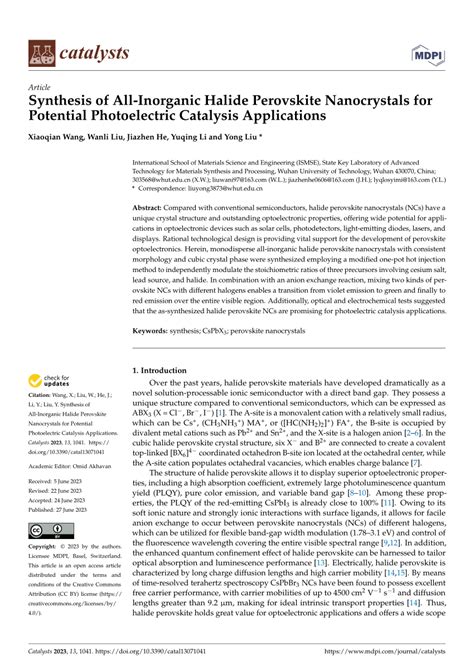 Pdf Synthesis Of All Inorganic Halide Perovskite Nanocrystals For Potential Photoelectric