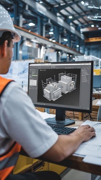 Engineer Working On Desktop Computer Screen Showing Cad Software With 3d Component Premium Ai