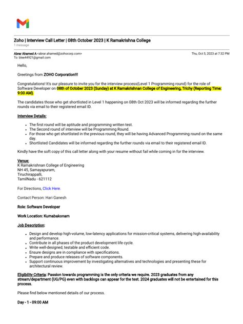 Gmail Zoho Interview Call Letter 08th October 2023 K Ramakrishna College Pdf