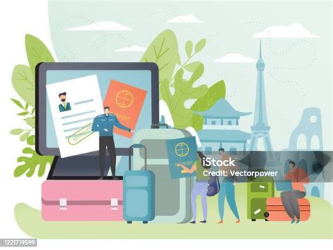 해외 여행 비자 신청 관광 여권 개념 문서 보안 제어 벡터 일러스트레이션 출입국에 대한 스톡 벡터 아트 및 기타 이미지