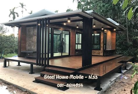 แบบบ้านน็อคดาวน์ชั้นเดียว ยกพื้นสเต็ป ตัว L สไตล์โมเดิร์นลอฟท์ พื้นที่ 63 ตร ม ราคา 650 000 บาท