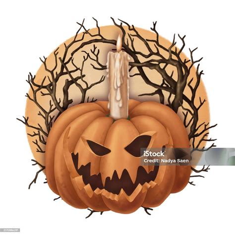 잭 오 랜턴 만화 스타일의 달과 건조 화 환과 할로윈 구성 손으로 그린 둥근 어두운 그림입니다 가을 그래픽과 으스스한 시즌 카드 디자인에 적합한 고립된 그림 10월에 대한