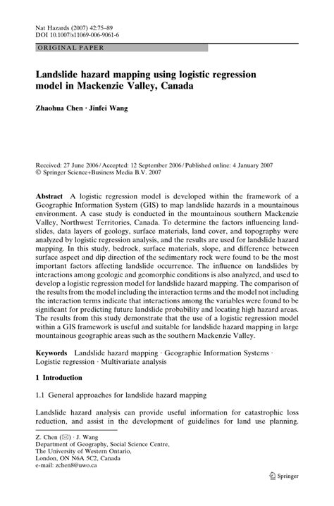 PDF Landslide Hazard Mapping Using Logistic Regression Model In Mackenzie Valley Canada