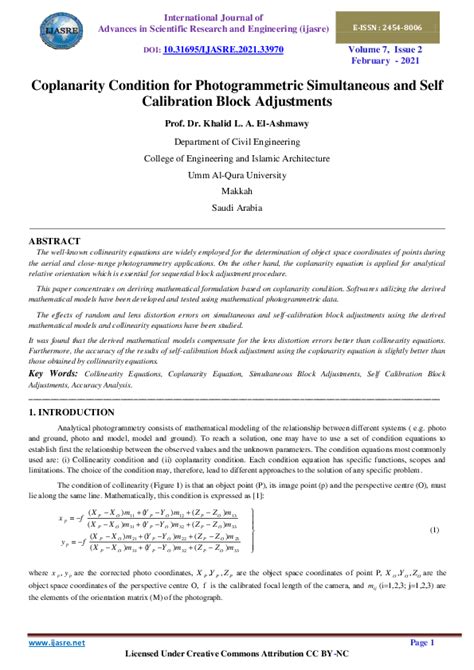 Pdf Coplanarity Condition For Photogrammetric Simultaneous And Self Calibration Block Adjustments