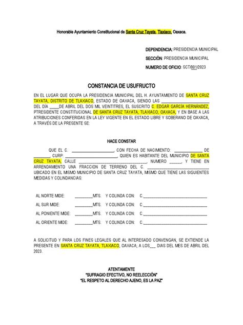 Constancia De Usufructo Santa Cruz Tayata Pdf