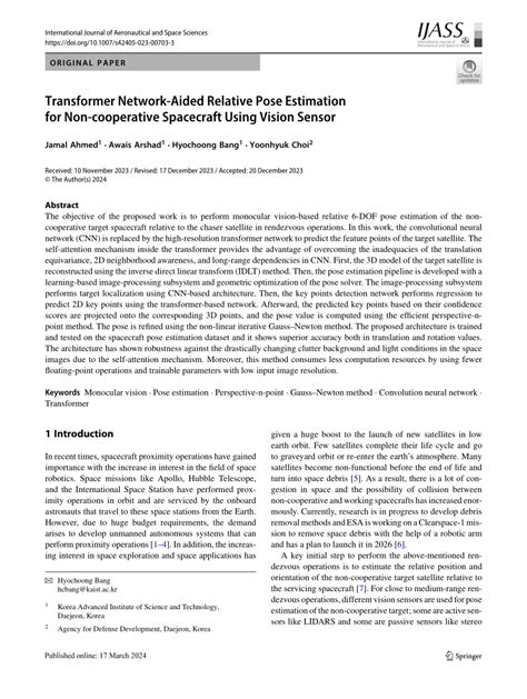 Pdf Transformer Network Aided Relative Pose Estimation For Non Cooperative Spacecraft Using