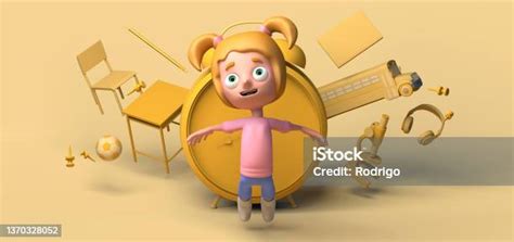 알람 시계 학교 버스 학교 책상 앞에서 점프 하는 소녀 공간을 복사합니다 3d 일러스트레이션 만화 학교로 돌아갑니다 아이에 대한 스톡 사진 및 기타 이미지 Istock