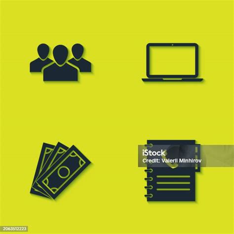 사용자 그룹 전화 번호부 스택 지폐 현금 및 노트북 아이콘을 설정합니다 벡터 검은색에 대한 스톡 벡터 아트 및 기타 이미지