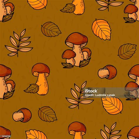 매끄러운 가을 패턴 초록색 배경에 화려한 단풍이 있는 숲 버섯들 벡터 그림 가을에 대한 스톡 벡터 아트 및 기타 이미지 가을 가을 단풍 계절 Istock
