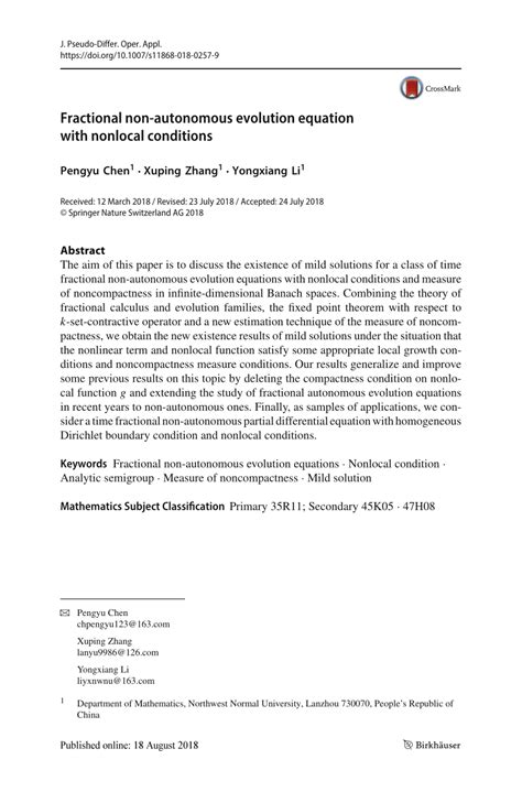 Pdf Fractional Non Autonomous Evolution Equation With Nonlocal Conditions