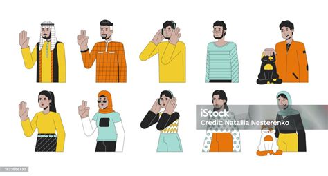 아라비아 중동 2d 선형 만화 캐릭터 세트 2차 도형에 대한 스톡 벡터 아트 및 기타 이미지 2차 도형 가공의 인물 개체 그룹 Istock