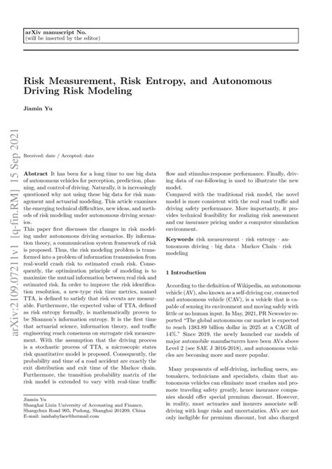 Risk Measurement Risk Entropy And Autonomous Driving Risk Modeling Deepai