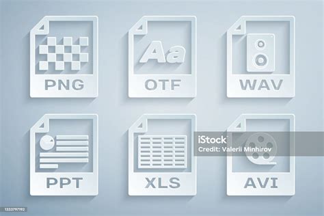 Xls 파일 문서 Wav Ppt Avi Otf 및 Png 아이콘을 설정합니다 벡터 3차원 형태에 대한 스톡 벡터 아트 및 기타 이미지 3차원 형태 누름 버튼 다운로드