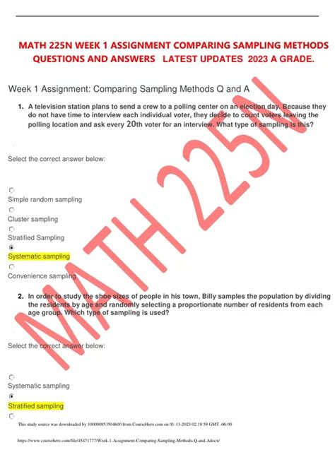 MATH 225N WEEK 1 ASSIGNMENT COMPARING SAMPLING METHODS QUESTIONS AND