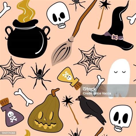 호박 뼈 두개골 물약 가마솥 유령 빗자루 마녀 모자와 까마귀귀여운 만화 화려한 할로윈 원활한 벡터 패턴 배경 그림 10월에 대한 스톡 벡터 아트 및 기타 이미지 Istock