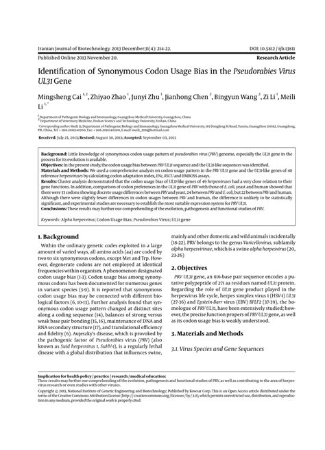 Pdf Identification Of Synonymous Codon Usage Bias In The Pseudorabies Virus Ul31 Gene