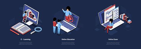 온라인 교육의 세 가지 개념의 Isometric 3d 일러스트레이션 쓰기와 어두운 배경에 원격 학습 및 시험 복용 컴퓨터 화면