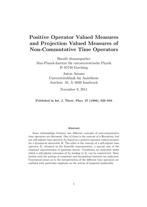 Pdf Positive Operator Valued Measures And Projection Valued Measures Of Noncommutative Time