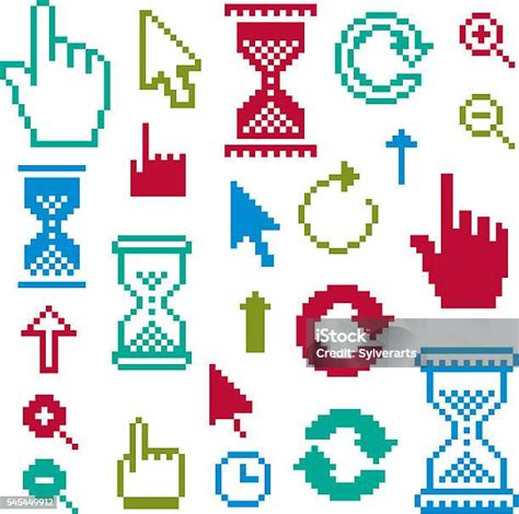 포인터와 모래 시계와 같은 기하학적 픽시레이션 기호입니다 가리키기에 대한 스톡 벡터 아트 및 기타 이미지 가리키기 검은색