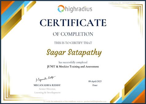 completed junit and mockito training and assessment at highradius