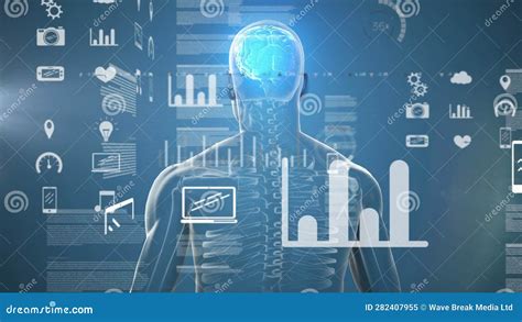 Animation Of Data Processing Over Spinning Human Body Model And Light Spot Against Blue