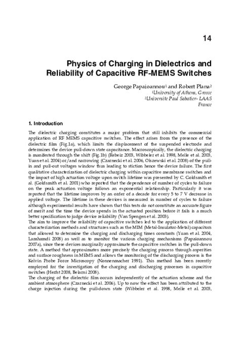 Pdf Physics Of Charging In Dielectrics And Reliability Of Capacitive Rf Mems Switches George