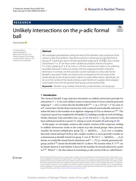 Pdf Unlikely Intersections On The P Adic Formal Ball