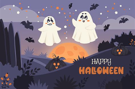 해피 할로윈 배너 인사말 카드 포스터 만화 캐릭터 및 할로윈 요소가 포함된 초대장 귀여운 유령 밤 풍경 호박 박쥐의 실루엣 달 벡터 그림 가을에 대한 스톡 벡터 아트 및