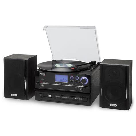 Jensen 3 Speed Stereo Turntable Cd Recording System With Cassette Amfm Radio And Mp3 Encoding
