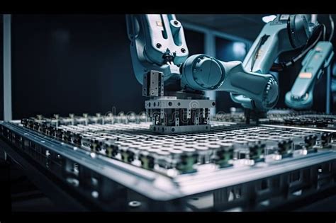 robot assembling complex structure on a futuristic assembly line stock