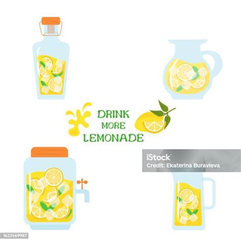 레몬 조각 얼음 민트를 곁들인 다양한 모양의 주전자에 담긴 레모네이드 0명에 대한 스톡 벡터 아트 및 기타 이미지 0명 감귤류 과일 과일 Istock