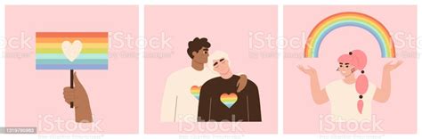 Lgbt 컬렉션 동성애자 관계 동성애자 프라이드 퍼레이드에 대한 일러스트레이션 세트 Lgbtq 운동 개념 깃발을 들고 있는 손 무지개 심장 기호 Pride Lgbtqi